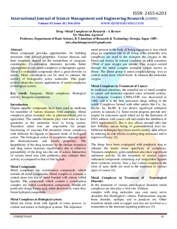 (PDF) Drug -Metal Complexes in Research - A Review