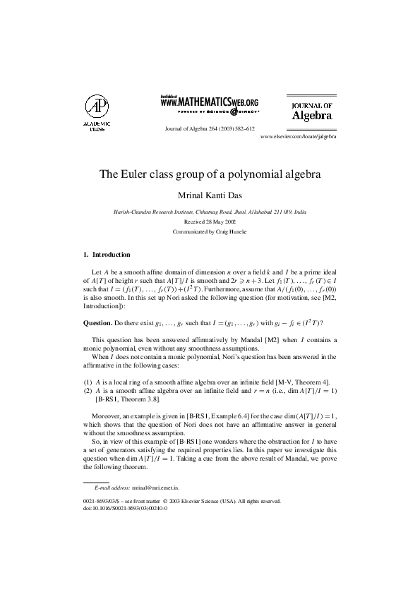 Pdf The Euler Class Group Of A Polynomial Algebra