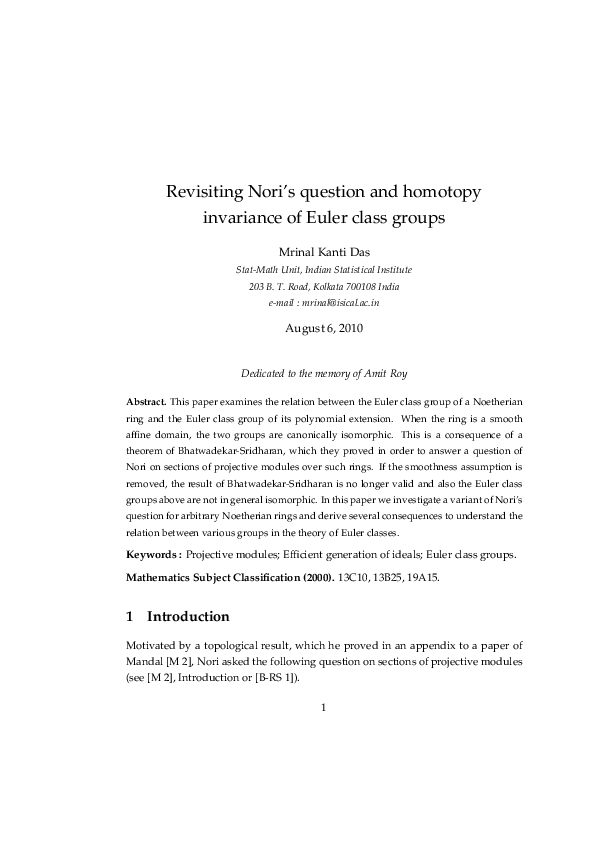 Pdf Revisiting Noris Question And Homotopy Invariance Of Euler Class