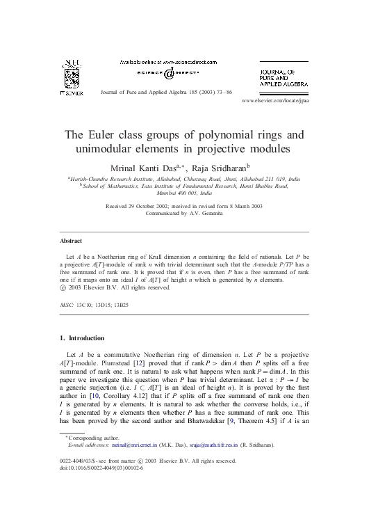 (PDF) The Euler class groups of polynomial rings and unimodular ...