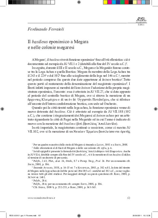 (PDF) Il basileus eponimico a Megara e nelle colonie megaresi