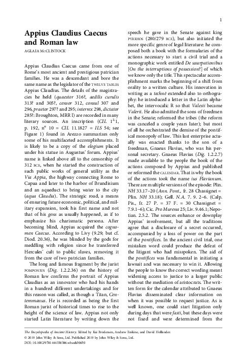 (PDF) "Appius Claudius Caecus and Roman law" in the Encyclopedia of ...