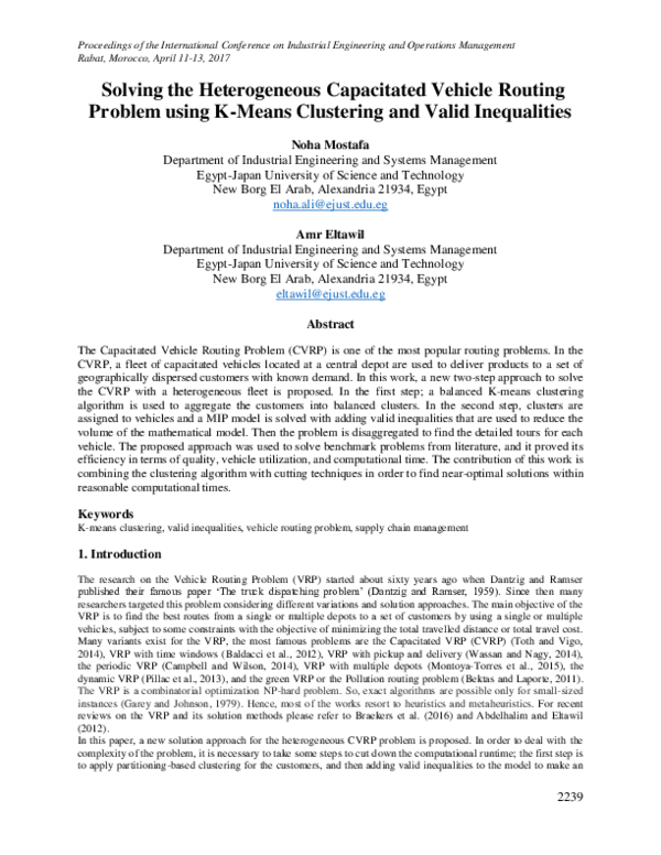 Pdf Solving The Heterogeneous Capacitated Vehicle Routing Problem Using K Means Clustering And