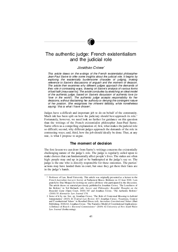 (PDF) The Authentic Judge: French Existentialism and the Judicial Role ...