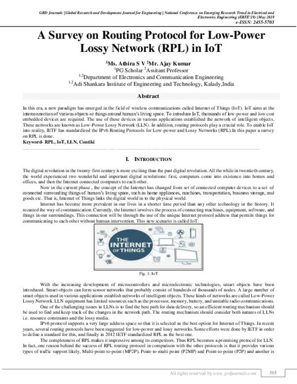 Pdf A Survey On Routing Protocol For Low Power Lossy Network Rpl In Iot