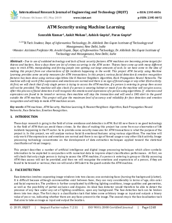 (PDF) IRJET- ATM Security using Machine Learning