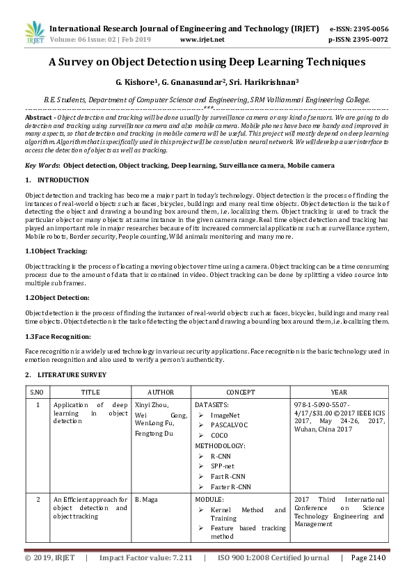 (PDF) IRJET- A Survey on Object Detection using Deep Learning Techniques (PDF) IRJET- A Survey on Object Detection using Deep Learning Techniques