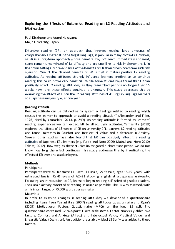 (PDF) Exploring the Effects of Extensive Reading on L2 Reading Attitudes and Motivation