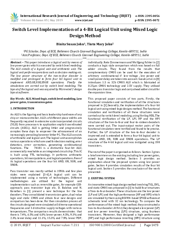 Pdf Irjet Switch Level Implementation Of A 4 Bit Logical Unit Using