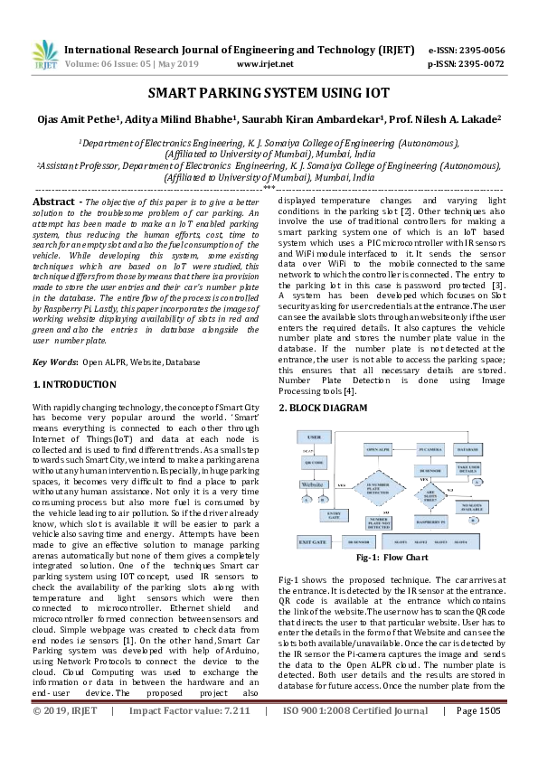 (PDF) IRJET- SMART PARKING SYSTEM USING IOT