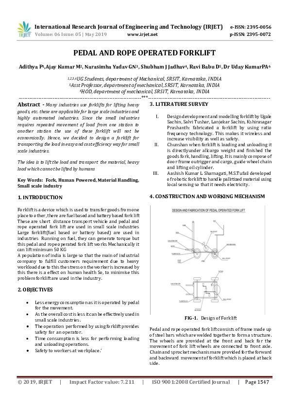 (PDF) IRJET- PEDAL AND ROPE OPERATED FORKLIFT | IRJET Journal ...