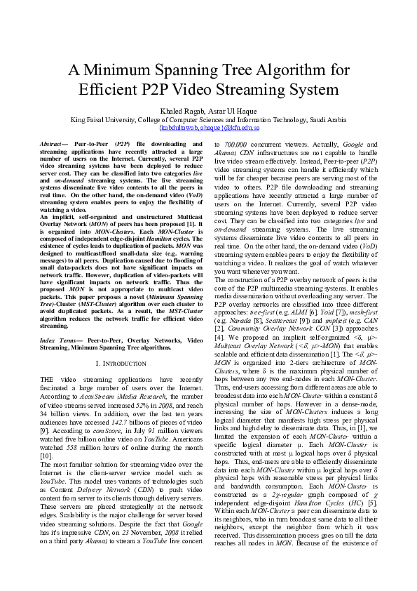 (PDF) A minimum spanning tree algorithm for efficient P2P video streaming system