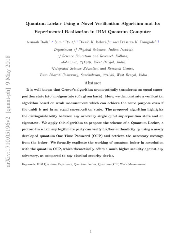 Pdf Quantum Locker Using A Novel Verification Algorithm And Its
