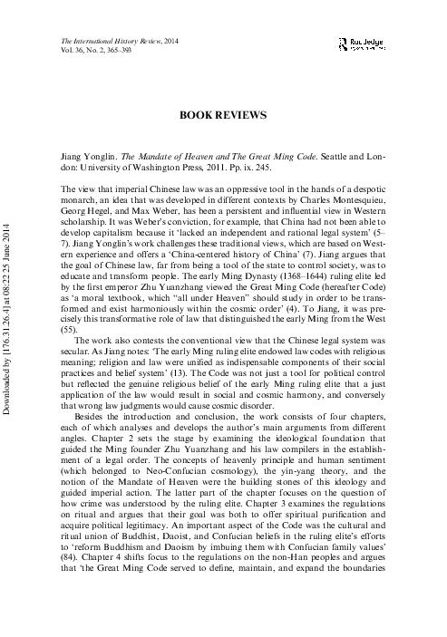 (PDF) Review of Jiang Yonglin’s The Mandate of Heaven and the Great Ming Code, in International ...