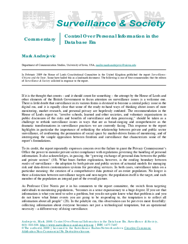 (PDF) Control over personal information in the database era