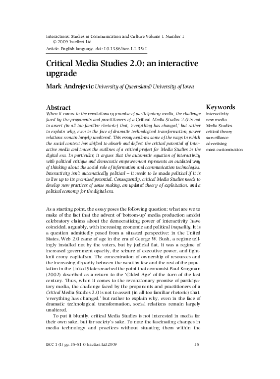 (PDF) Critical Media Studies 2.0: an interactive upgrade