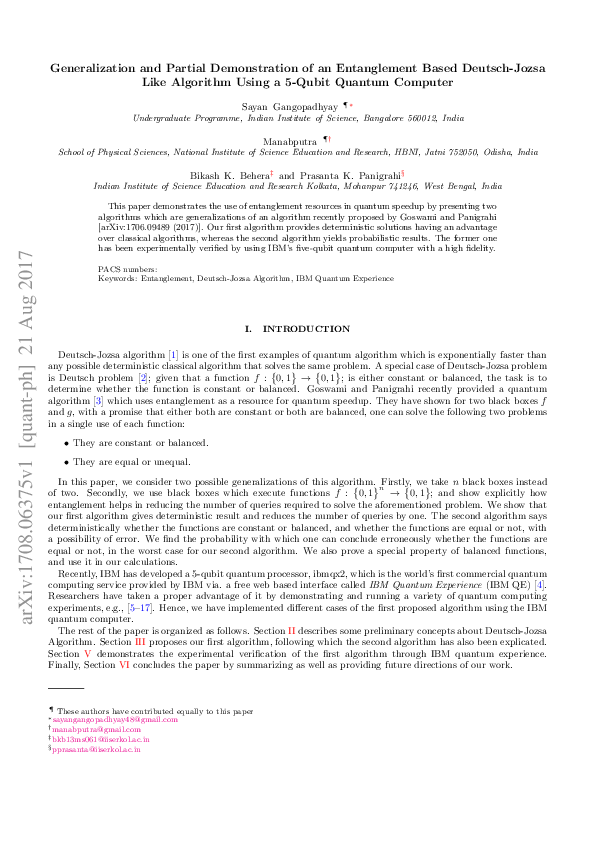 (PDF) Generalization and Partial Demonstration of an Entanglement Based Deutsch-Jozsa Like ...