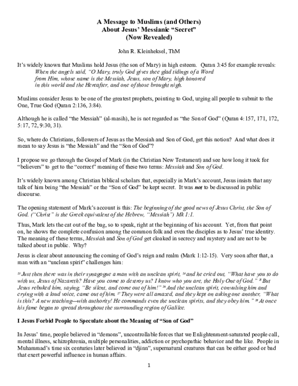 (PDF) A Message to Muslims (and Others) About Jesus' Messianic "Secret ...