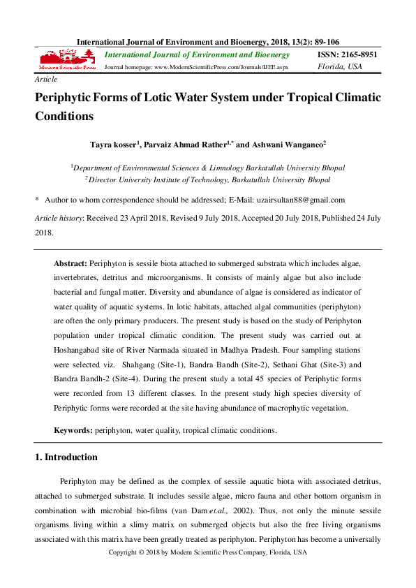 (PDF) Periphytic Forms of Lotic Water System under Tropical Climatic ...