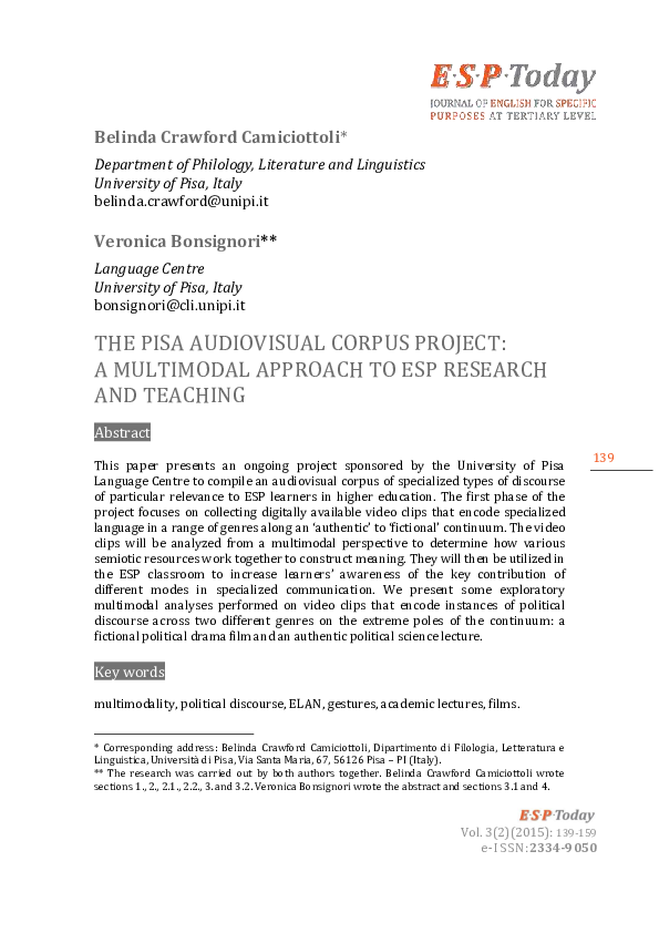 (PDF) THE PISA AUDIOVISUAL CORPUS PROJECT: A MULTIMODAL APPROACH TO ESP ...