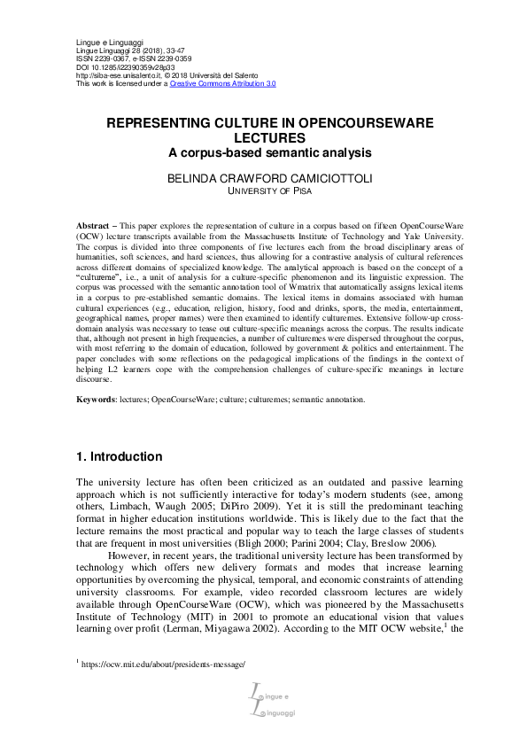 Pdf Representing Culture In Opencourseware Lectures A Corpus Based Semantic Analysis