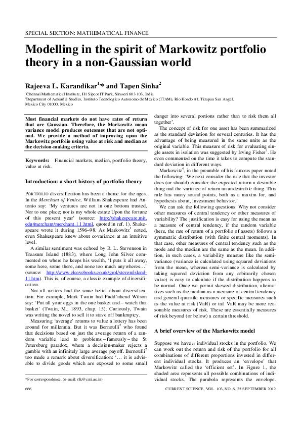 (PDF) Modelling in the spirit of Markowitz portfolio theory in a non ...