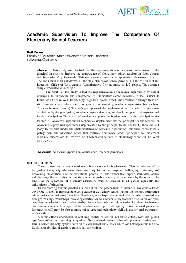 (PDF) Academic Supervision To Improve The Competence Of Elementary School Teachers