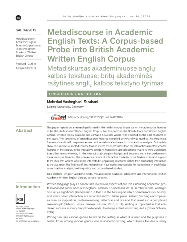 (PDF) Metadiscourse in Academic Writing A Corpus based Probe ...