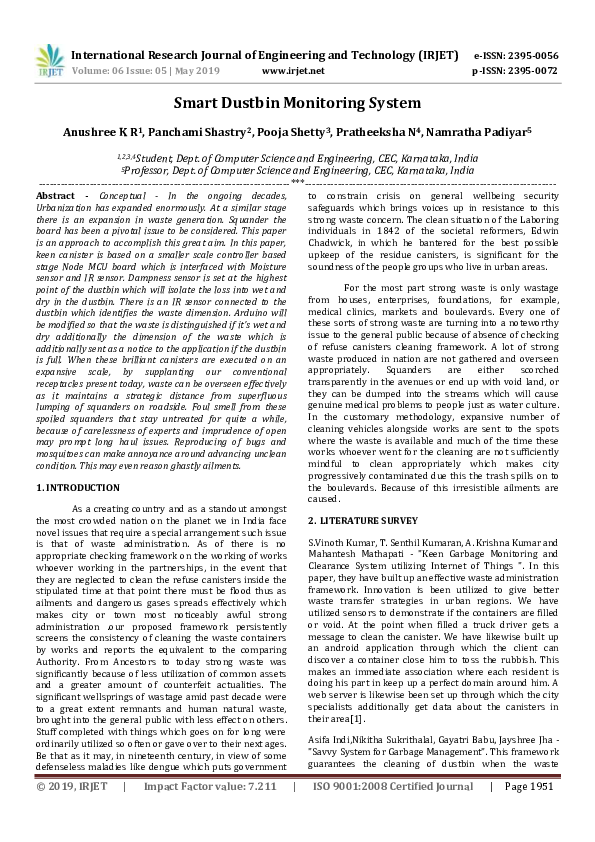 (PDF) IRJET- Smart Dustbin Monitoring System