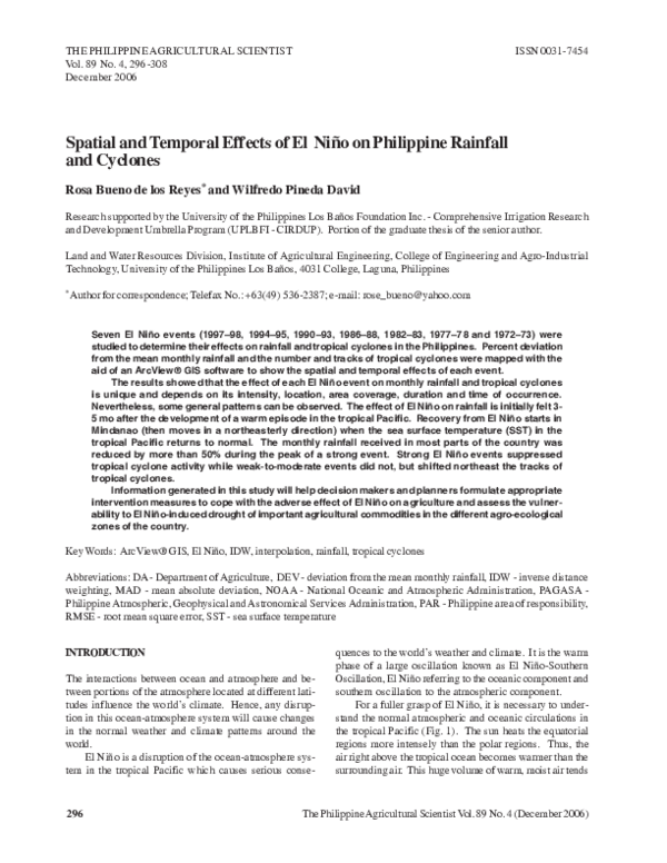 (PDF) Spatial and Temporal Effects of El Nino on Philippine Rainfall and Cyclones