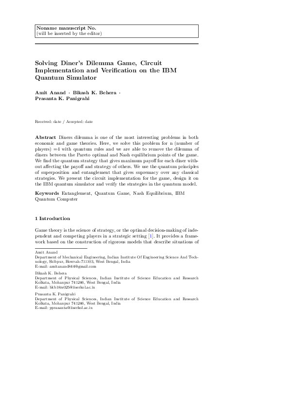 Pdf Solving Diners Dilemma Game Circuit Implementation And