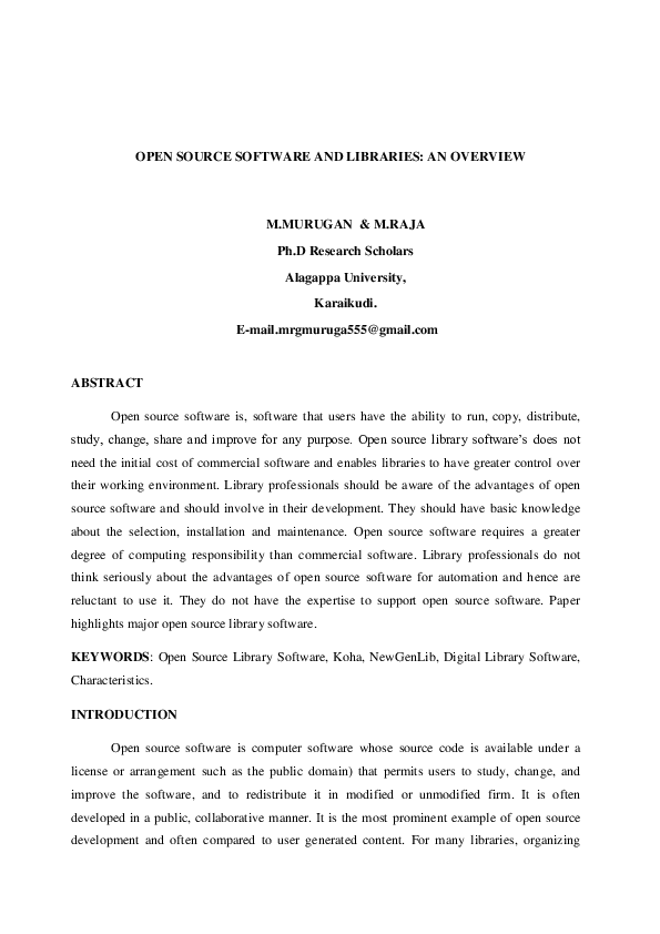 (DOC) OPEN SOURCE SOFTWARE AND LIBRARIES: AN OVERVIEW