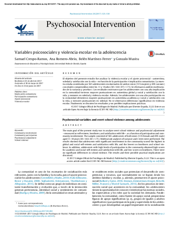 (PDF) Variables psicosociales y violencia escolar en la adolescencia