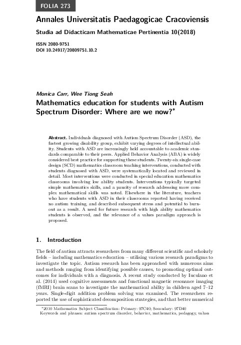 Pdf Mathematics Education For Students With Autism Spectrum Disorder