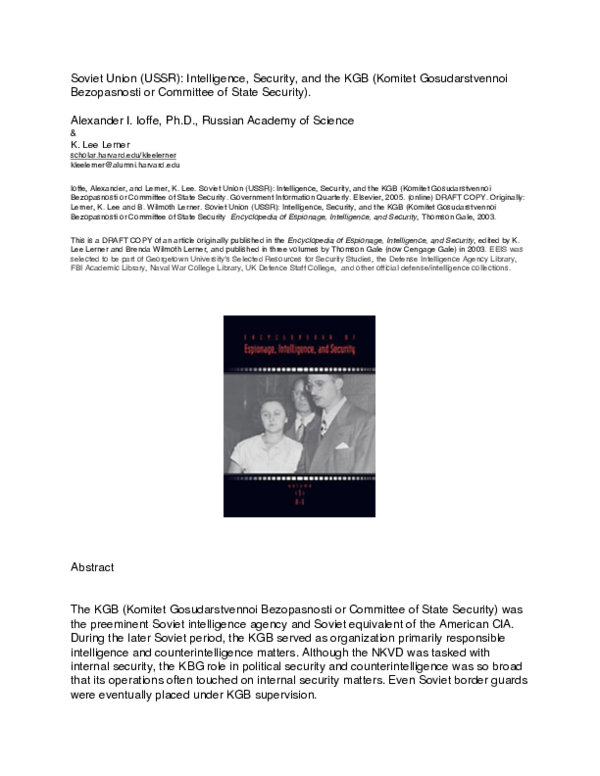 (PDF) Soviet Union (USSR): Intelligence, Security, and the KGB (Komitet ...