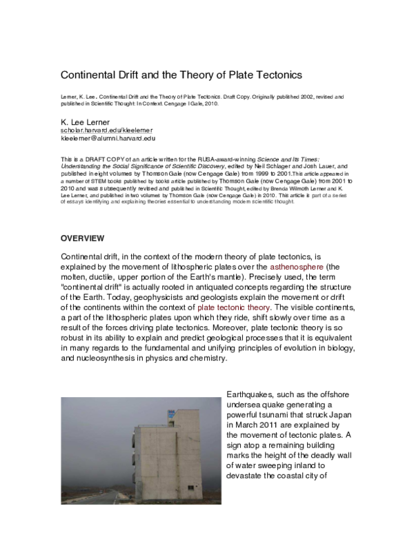 (PDF) Continental Drift and the Theory of Plate Tectonics