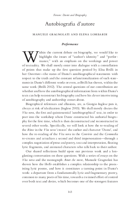 (PDF) "Autobiografia d'autore", in Forum: Dante and Biography, edited ...