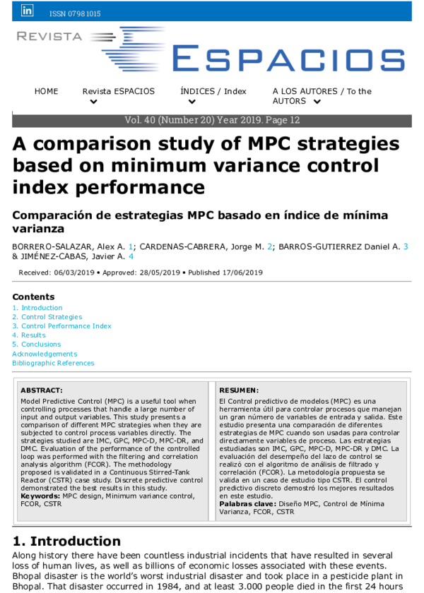 (PDF) A comparison study of MPC strategies based on minimum variance control index performance