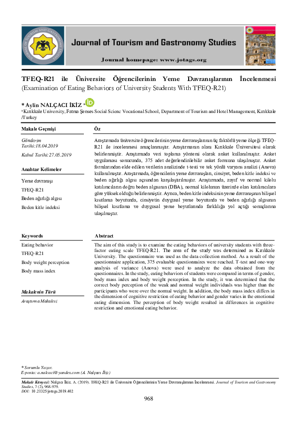 (PDF) TFEQ-R21 ile Üniversite Öğrencilerinin Yeme Davranışlarının ...
