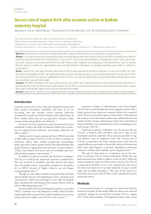 (PDF) Success rate of vaginal birth after cesarean section in Kerbala ...