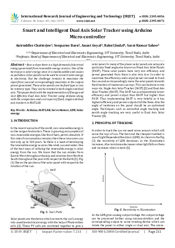 Pdf Irjet Smart And Intelligent Dual Axis Solar Tracker Using Arduino Micro Controller