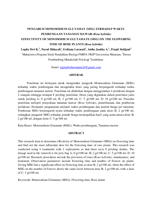 (PDF) PENGARUH MONOSODIUM GLUTAMAT (MSG) TERHADAP WAKTU PEMBUNGAAN TANAMAN MAWAR (Rosa hybrida)