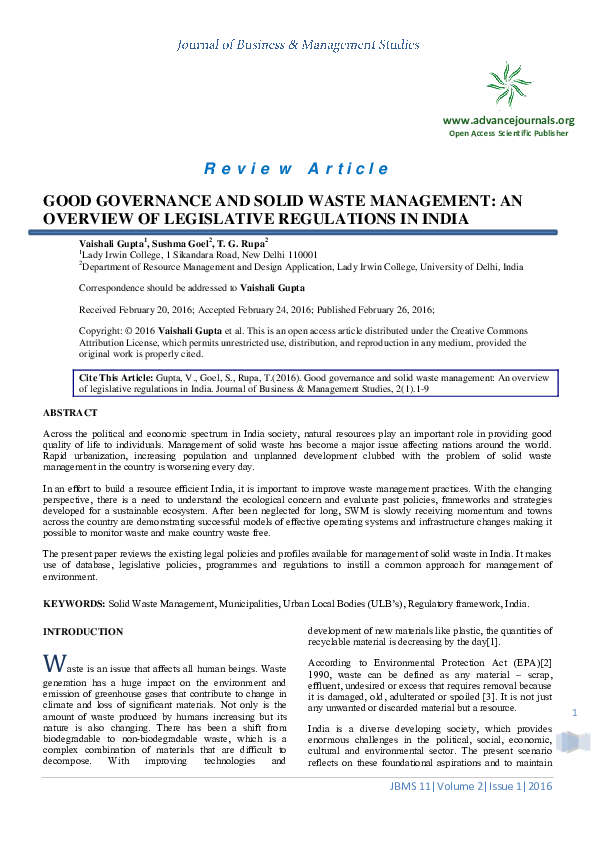 (PDF) GOOD GOVERNANCE AND SOLID WASTE MANAGEMENT: AN OVERVIEW OF ...