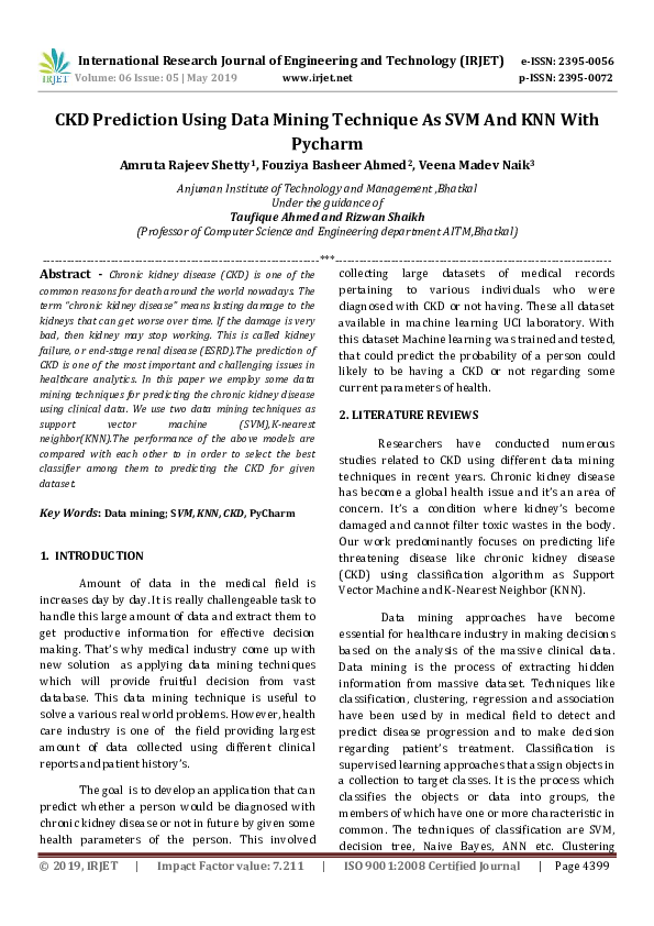 (PDF) IRJET- CKD Prediction Using Data Mining Technique As SVM And KNN ...