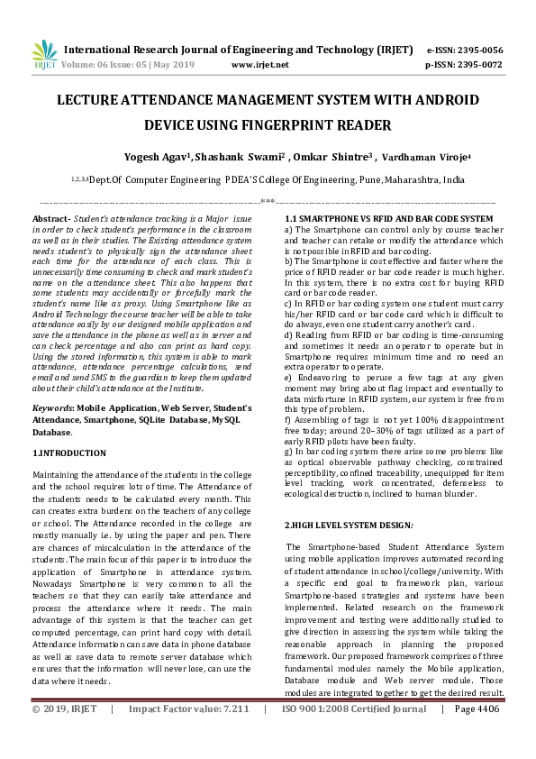 (PDF) IRJET- LECTURE ATTENDANCE MANAGEMENT SYSTEM WITH ANDROID DEVICE ...