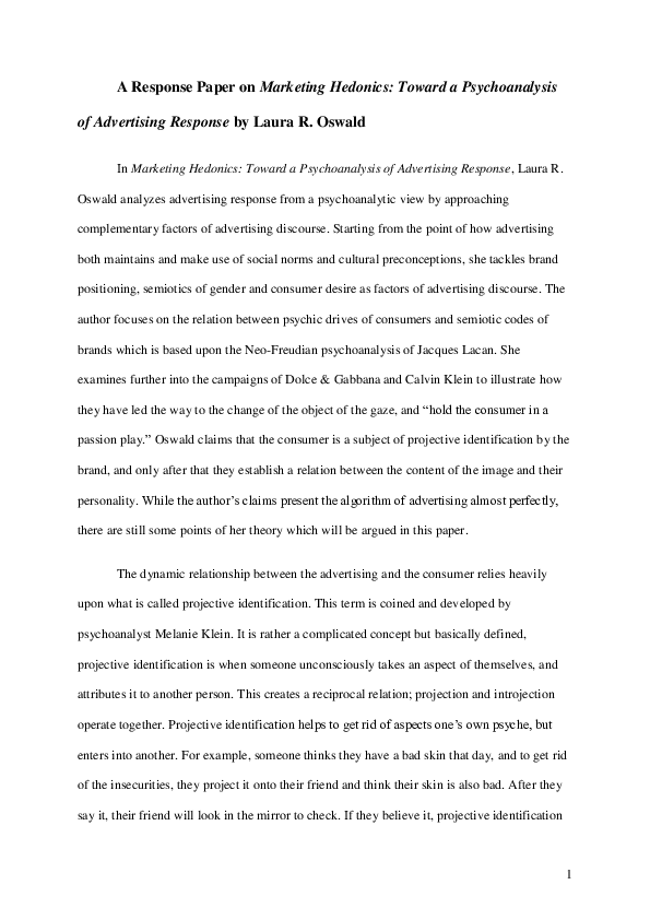 (DOC) A Response Paper on Marketing Hedonics: Toward a Psychoanalysis ...