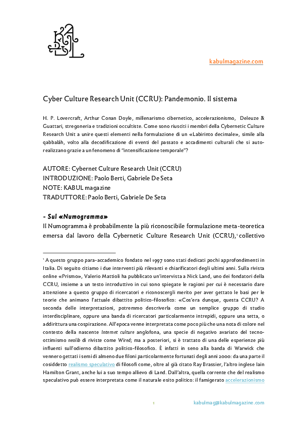 (PDF) Cybernetic Culture Research Unit (CCRU): Il Numogramma Decimale