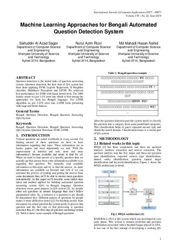 (PDF) Machine Learning Approaches for Bengali Automated Question ...