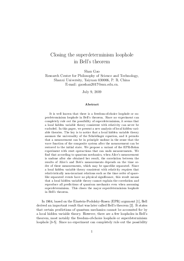 (PDF) Closing the superdeterminism loophole in Bell's theorem