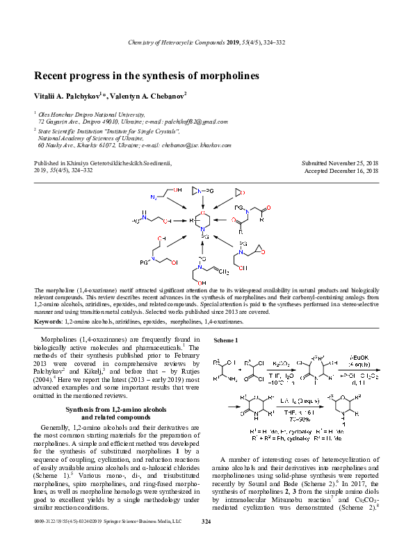 (PDF) Recent progress in the synthesis of morpholines